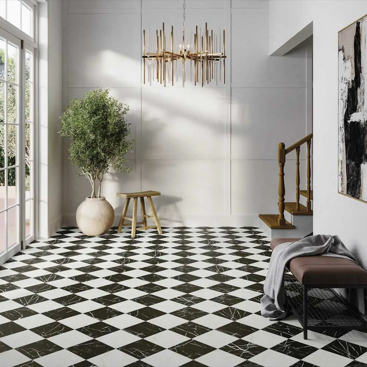 Scacchi Marquina Black & White Marble Chessboard Tiles 44cm x 44cm ...